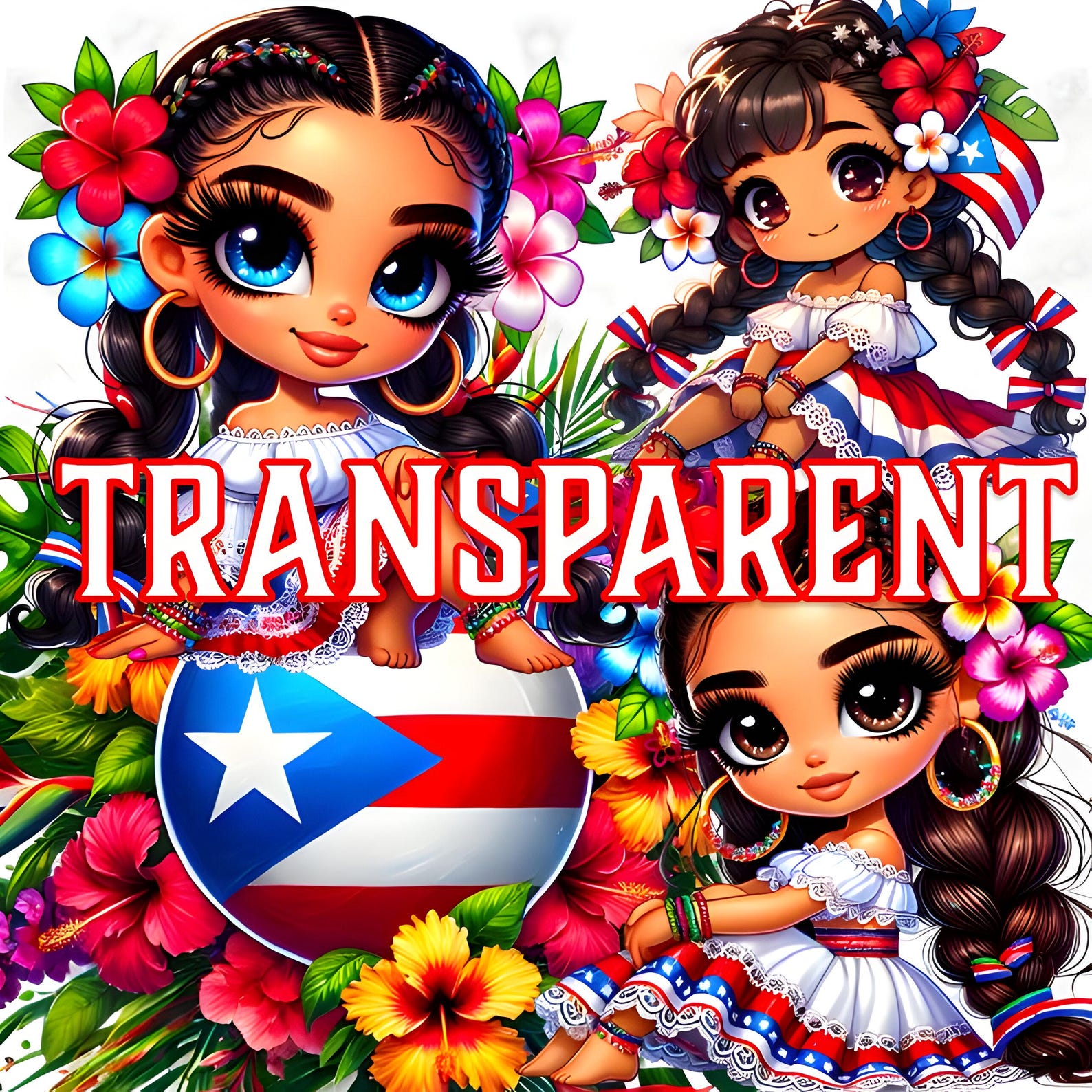 Puerto Rican Girl Clipart: Latina Princess PNG, Tropical Flowers ...