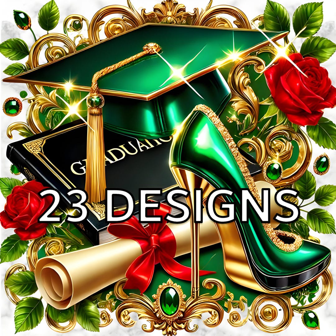 23 Green Gold Graduation Clipart Bundle PNG, High Heel Cap Diploma ...