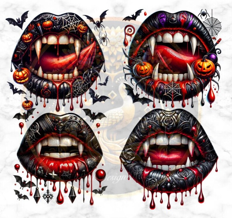 Vampire Lips Clipart, Gothic Lip Art, Dripping Blood Fangs PNG, Dark ...