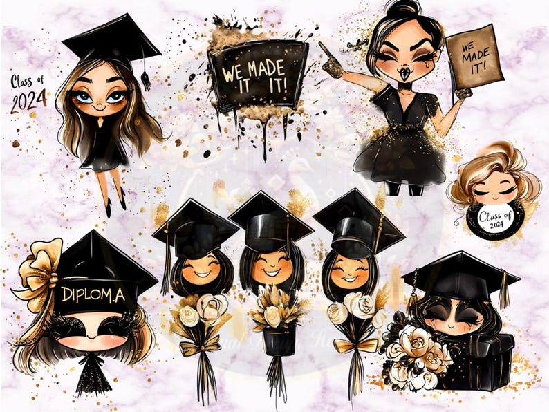 Class of 2024 Graduation Clipart Bundle: Black & Gold PNG (commercial ...