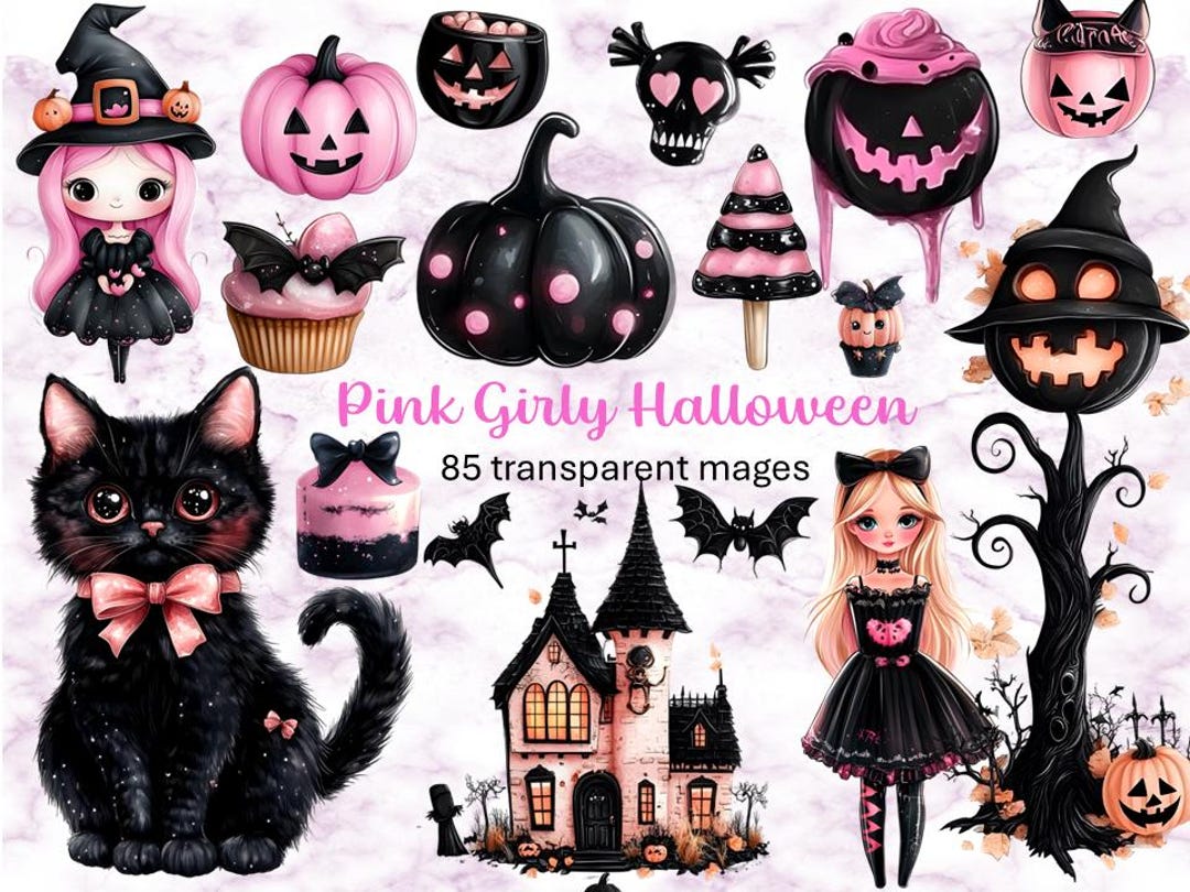 Girly Halloween Clipart Bundle: Pink & Black Spooky Designs (PNG ...