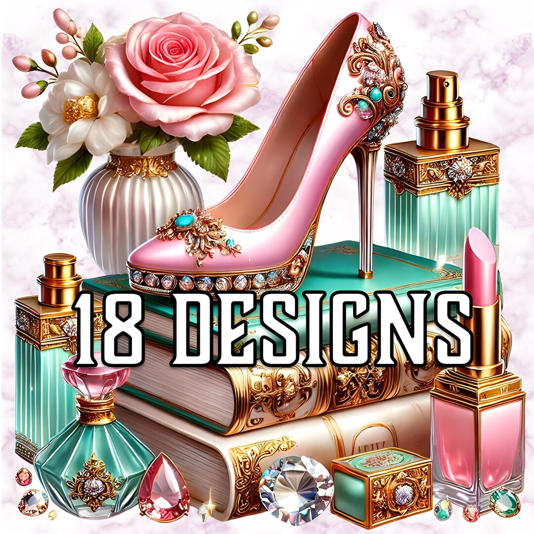 Green Pink Glam Shoe Clipart Bundle, 18 Mint High Heels and Floral PNG ...