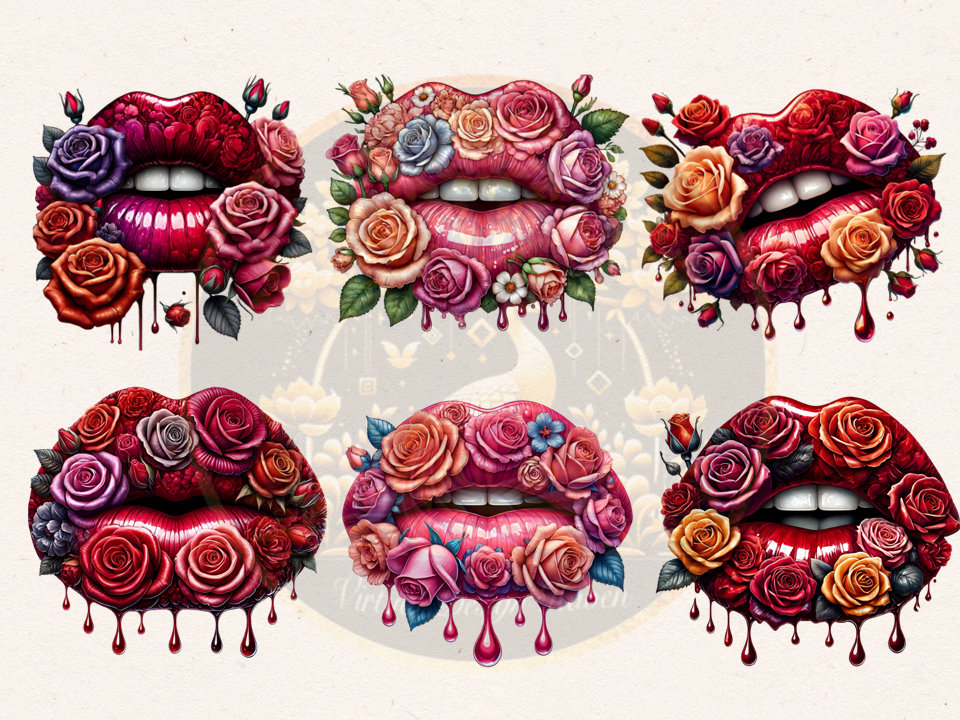 Rose Lips Clipart Bundle, Vibrant Floral Lips, Chic Kiss Lip Digital ...