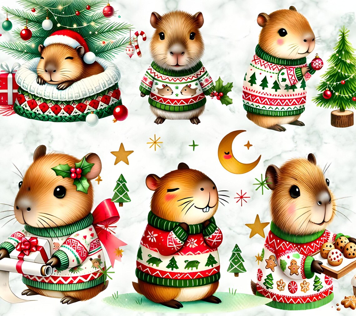 Watercolor Christmas Capybara Clipart: Festive Animal Stickers (digital ...