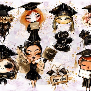 Class of 2024 Graduation Clipart Bundle: Black & Gold PNG (commercial ...