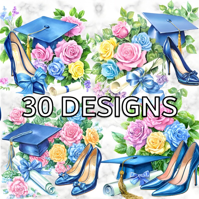 Watercolor Graduation Clipart: Blue Cap, Gown & Floral PNG (digital ...