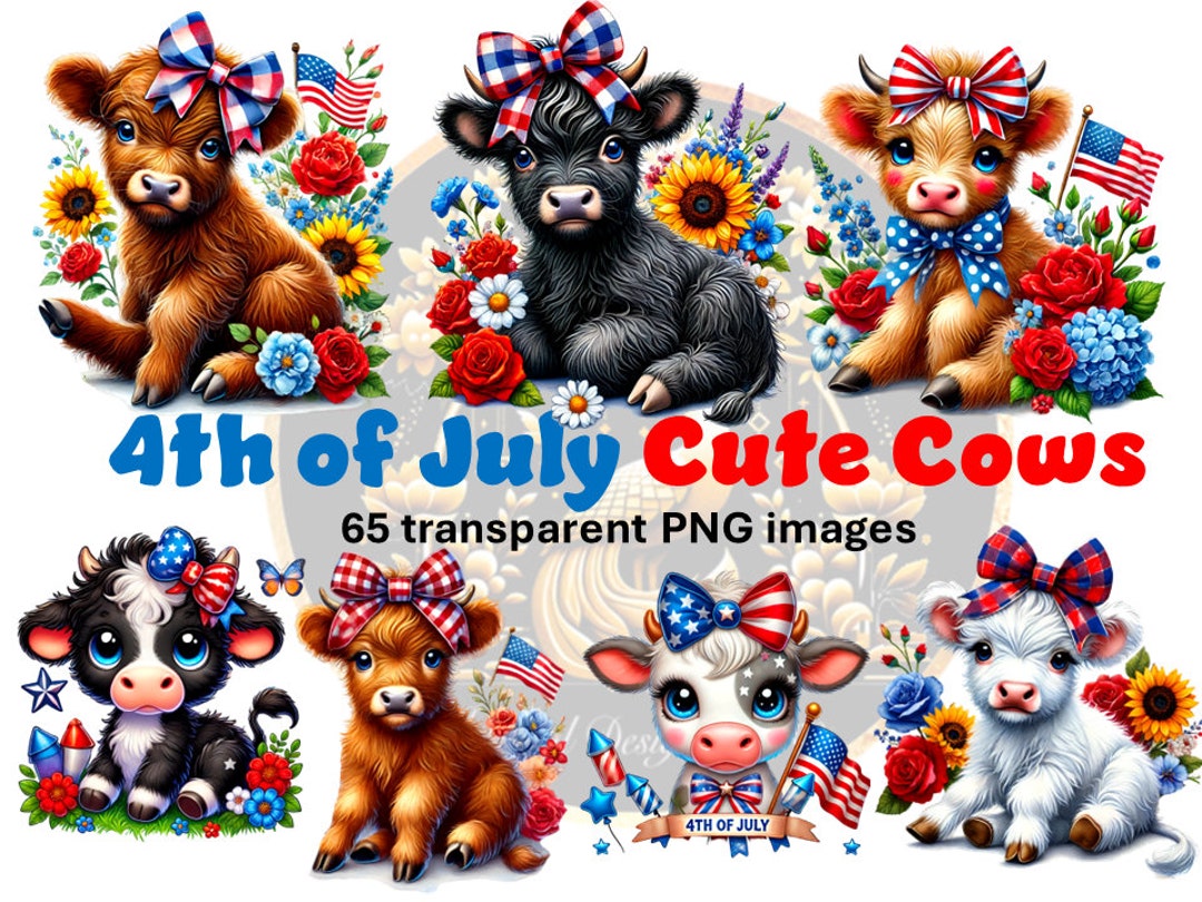 4th of July Cute Cows Clipart, Watercolor Patriotic Highland Cows ...