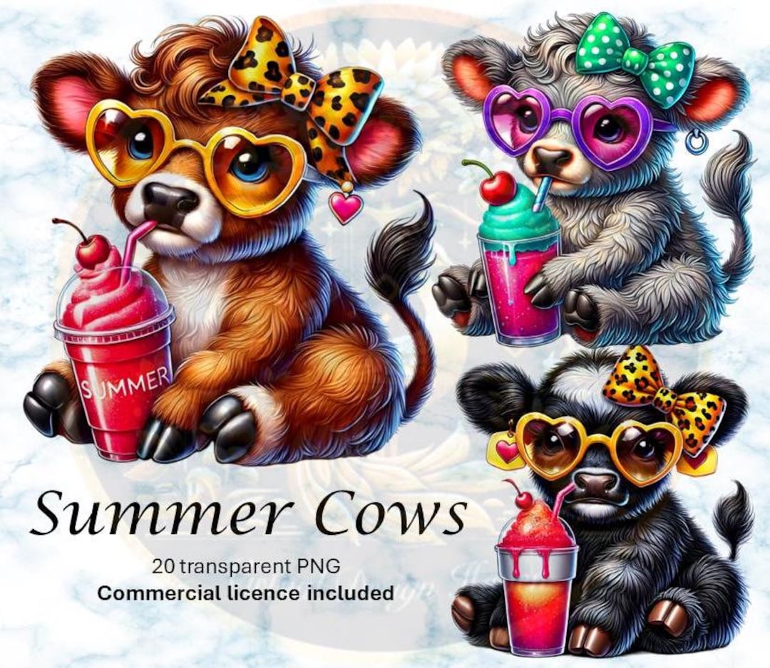 Cute Summer Cow With Drinks Clipart, Cartoon Cows With Sunglasses ...