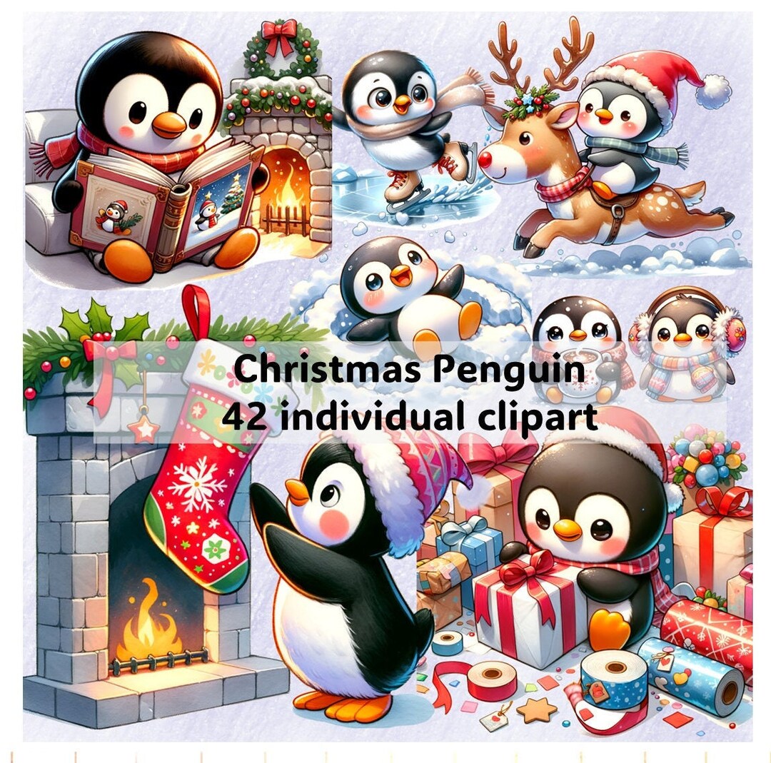 42 Cute Christmas Penguin Clipart Bundle,watercolor Penguin,festive ...