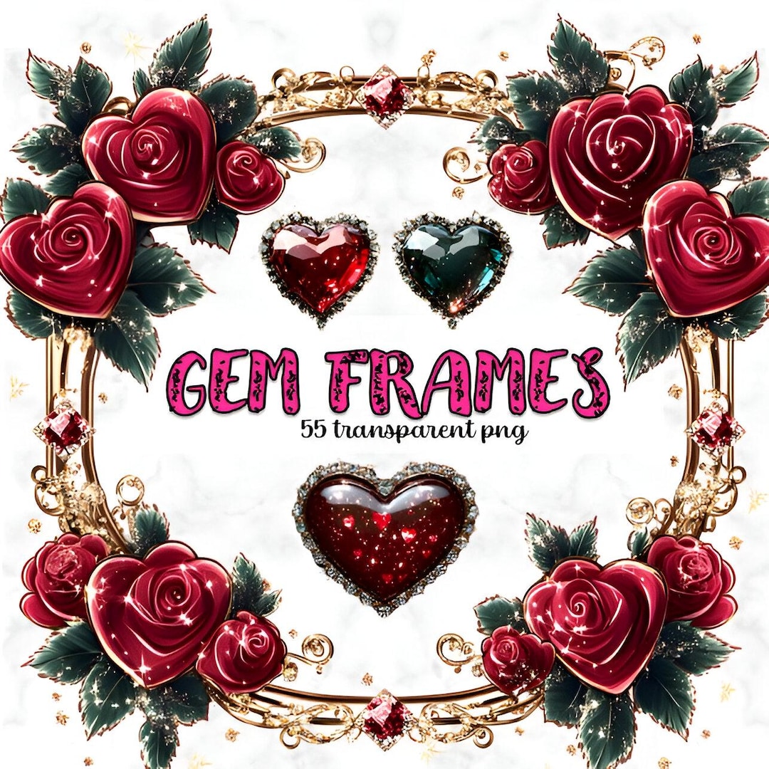 Gem Frames Clipart Set - Elegant Heart & Round Jewel Frames - Rose and ...