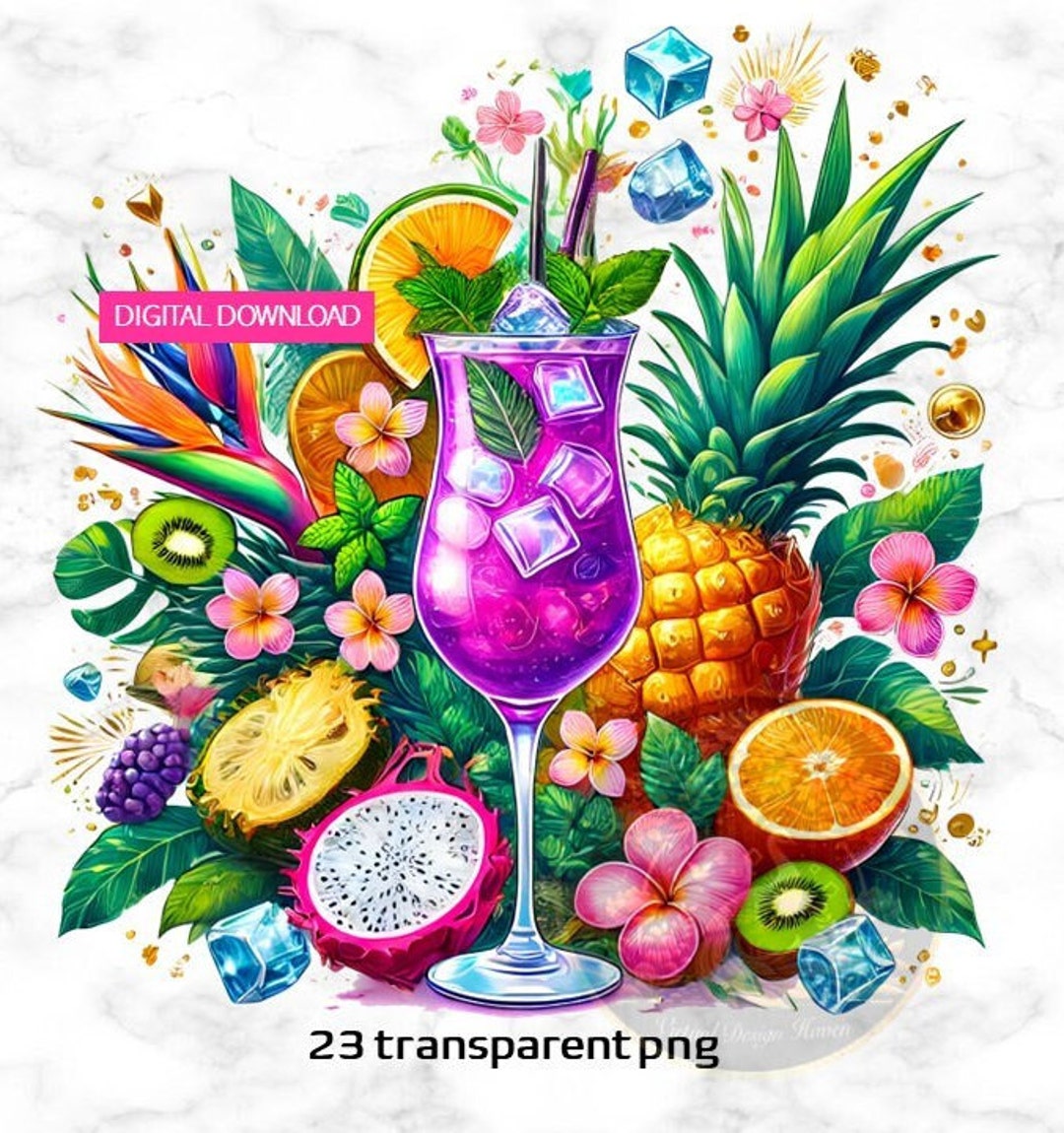 Tropical Cocktail Clipart: Floral Summer Drinks PNG (digital Download ...