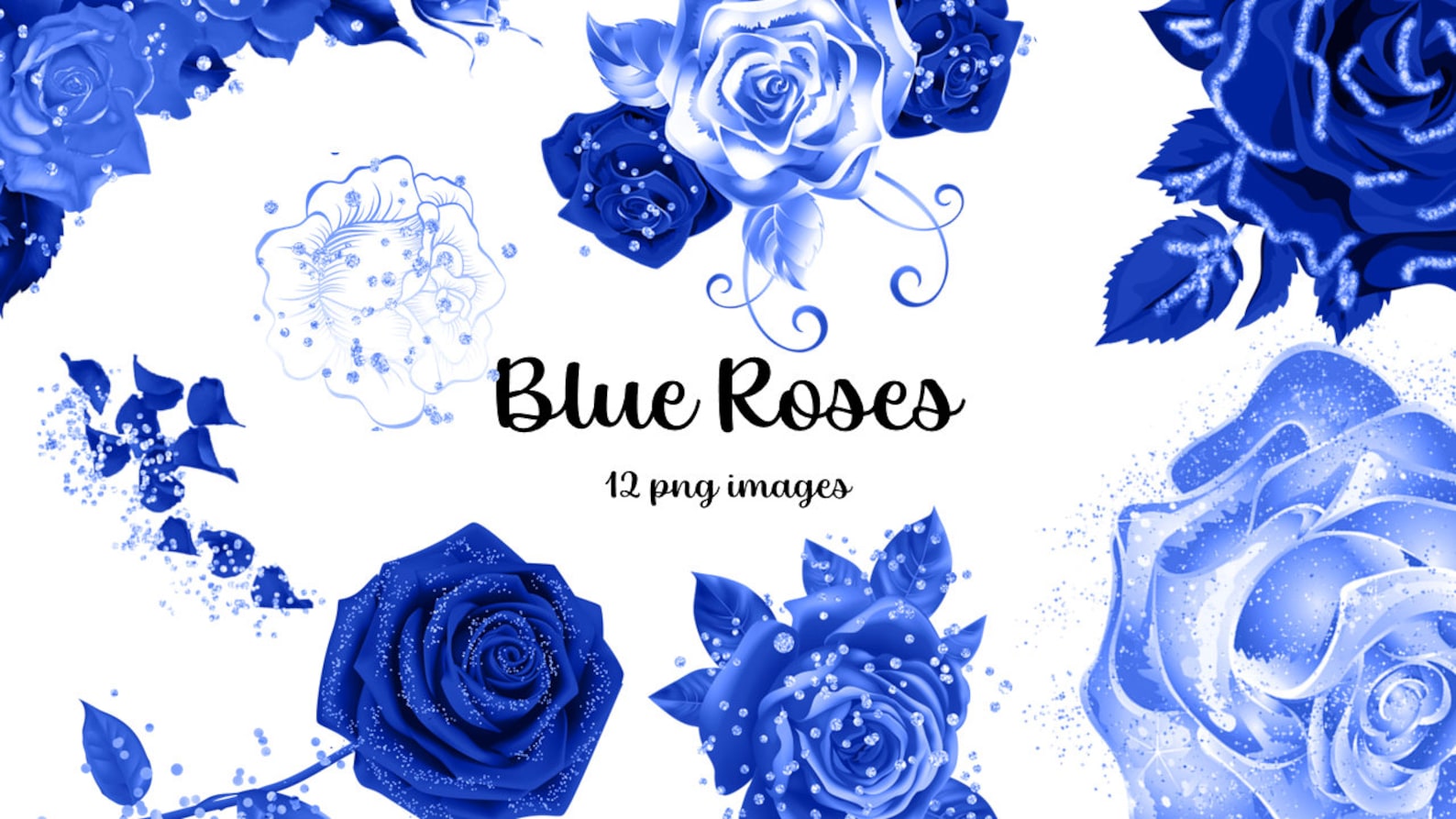 Blue Roses Clipart Set, Blue Roses Sublimation, Glitter Roses, Digital ...