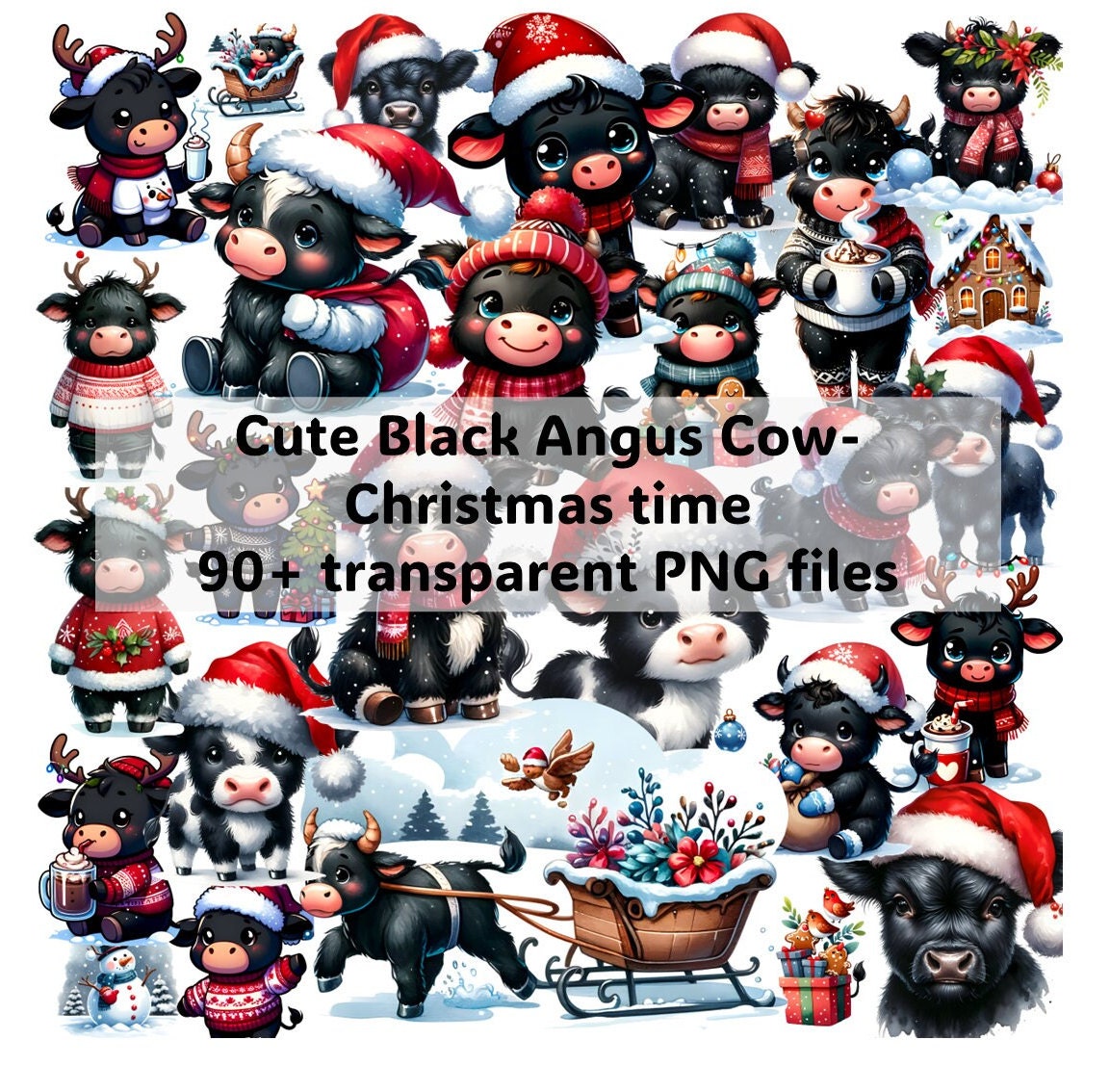 Cute Black Angus Mega Bundle Clipart - Winter & Christmas, Cute Cow ...