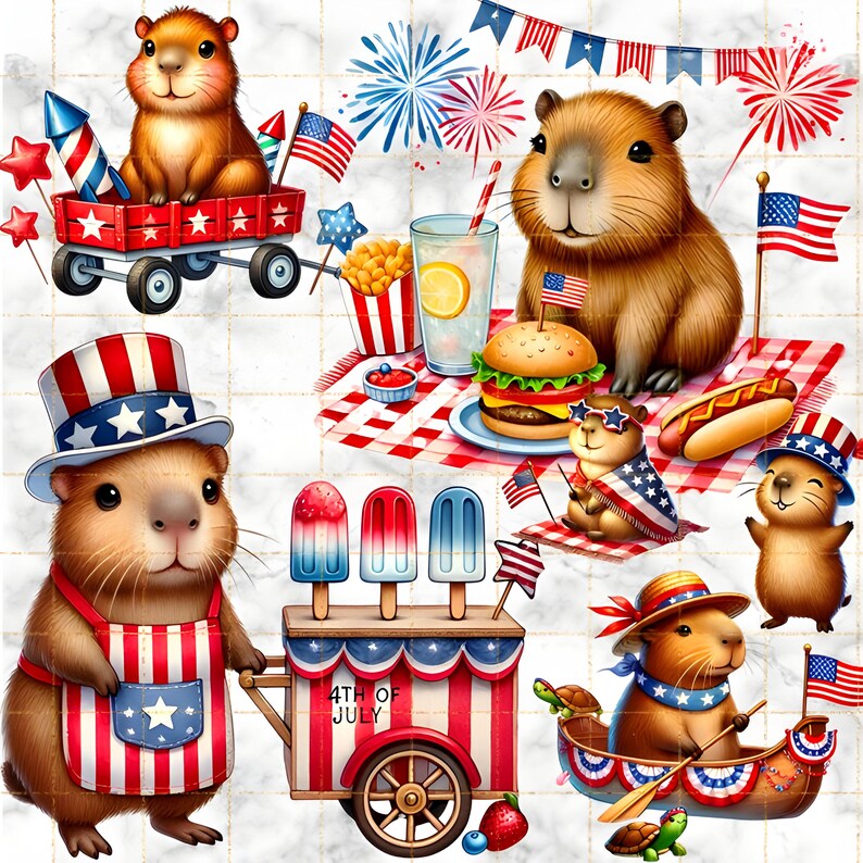 4th of July Capybara Clipart Bundle: Patriotic Animal PNG Graphics ...