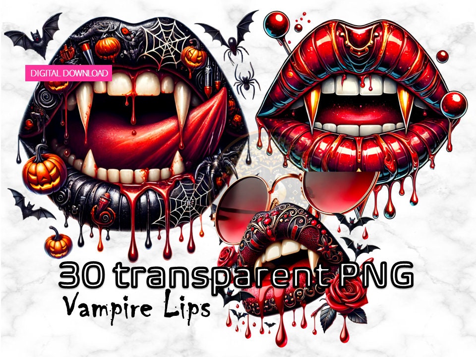 Vampire Lips Clipart, Gothic Lip Art, Dripping Blood Fangs PNG, Dark ...