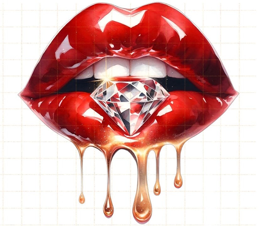Red Lips Diamond Clipart: Watercolor Illustration, Luxe Sticker ...