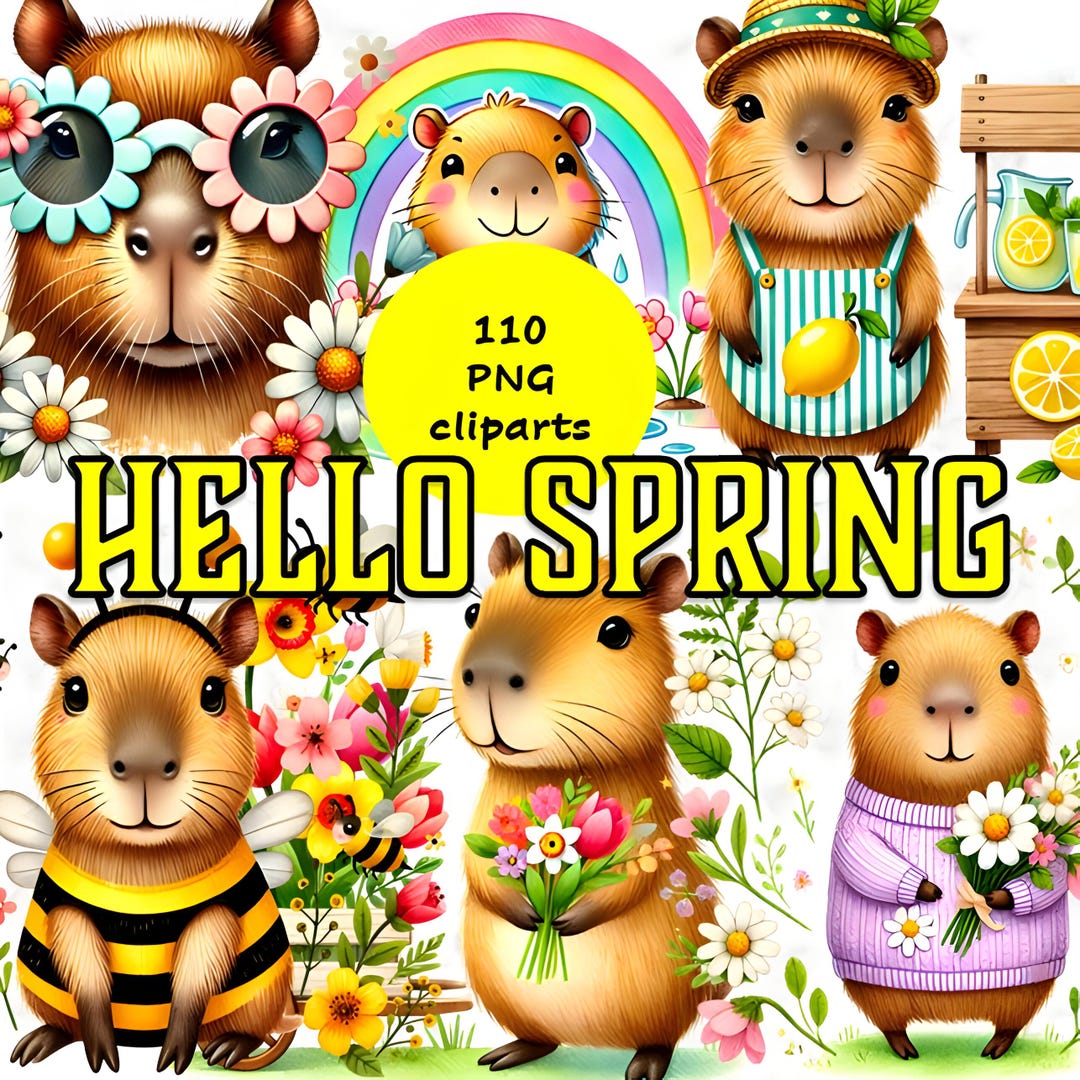 Paquete de 110 imágenes prediseñadas de capibara de primavera, lindo ...