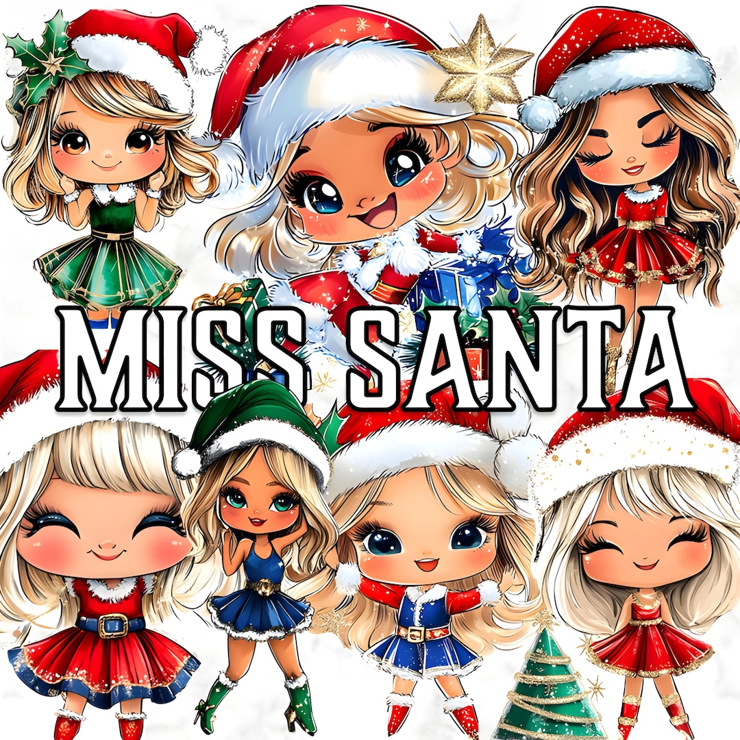 Miss Santa Christmas Clipart PNG Set Cute Holiday Girl Illustration ...