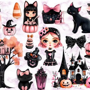 Girly Halloween Clipart Bundle: Pink & Black Spooky Designs (PNG ...