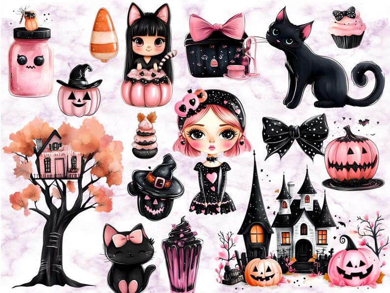 Girly Halloween Clipart Bundle, 85 Pink and Black Pastel Design, Cute ...