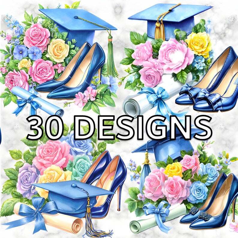 Watercolor Graduation Clipart: Blue Cap, Gown & Floral PNG (digital ...