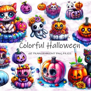 Colorful Halloween Clipart Set, Kawaii Spooky Graphics, Digital ...