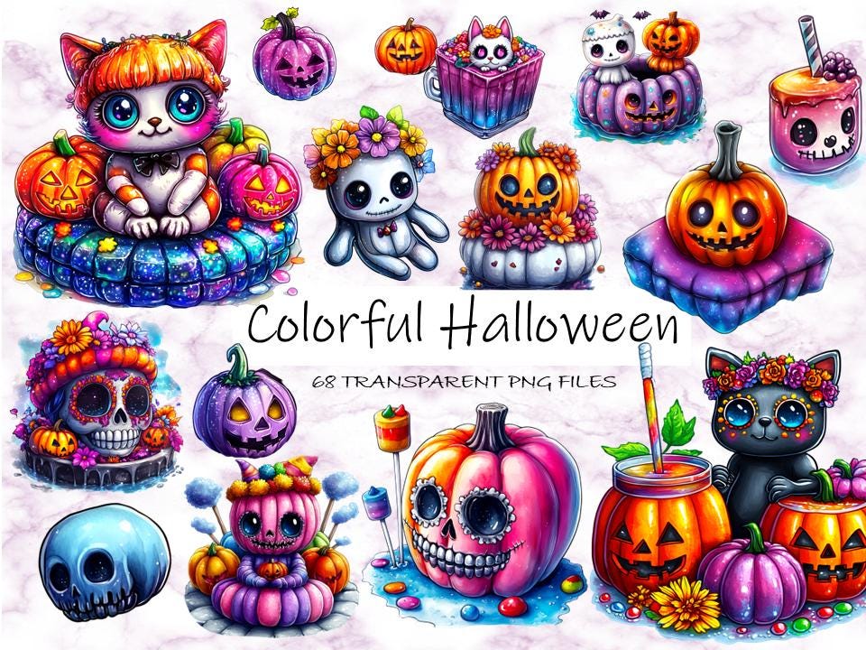 Colorful Halloween Clipart Set, Kawaii Spooky Graphics, Digital ...