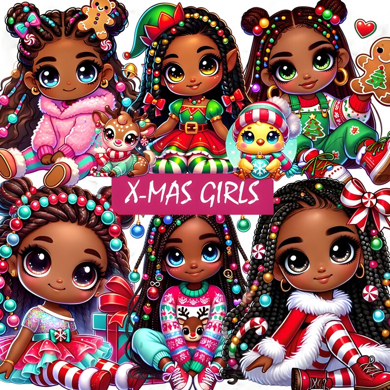 Christmas Black Girl Clipart, Kawaii Holiday PNG Set (digital Download ...