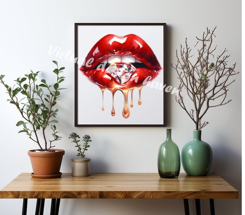 Red Lips Diamond Clipart: Watercolor Illustration, Luxe Sticker ...