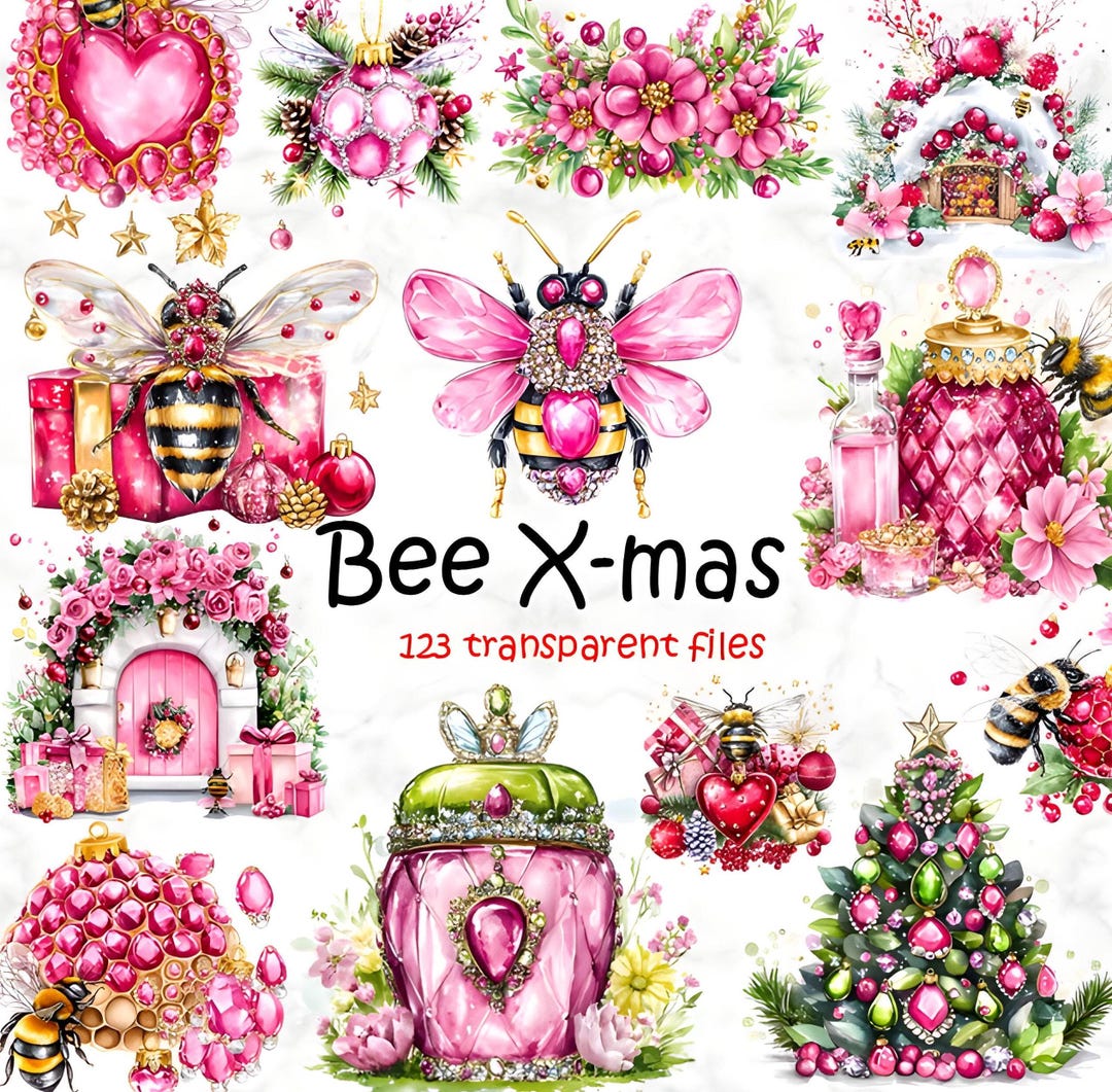 Watercolor Christmas Bee Clipart, Festive Red & Gold Holiday Graphics ...