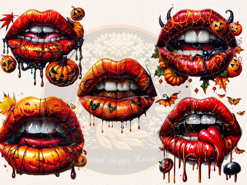 Halloween Lips Clipart: Spooky Spider, Bats & Pumpkin Designs (PNG ...