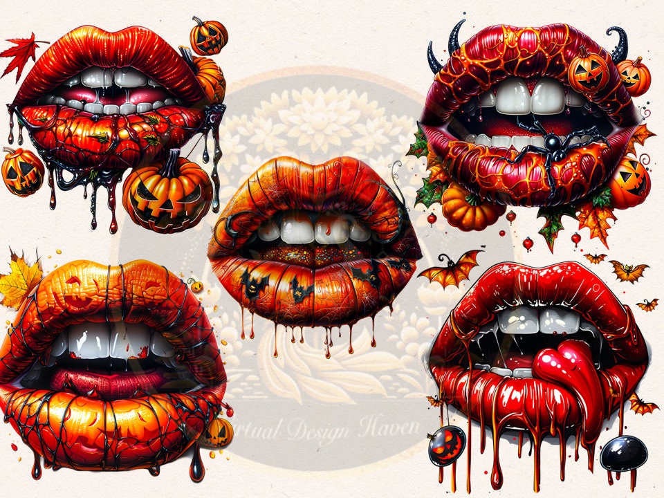 Halloween Lips Clipart: Spooky Spider, Bats & Pumpkin Designs (PNG ...