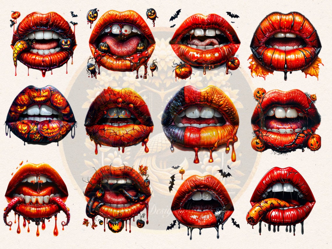 Halloween Lips Clipart: Spooky Spider, Bats & Pumpkin Designs (PNG ...