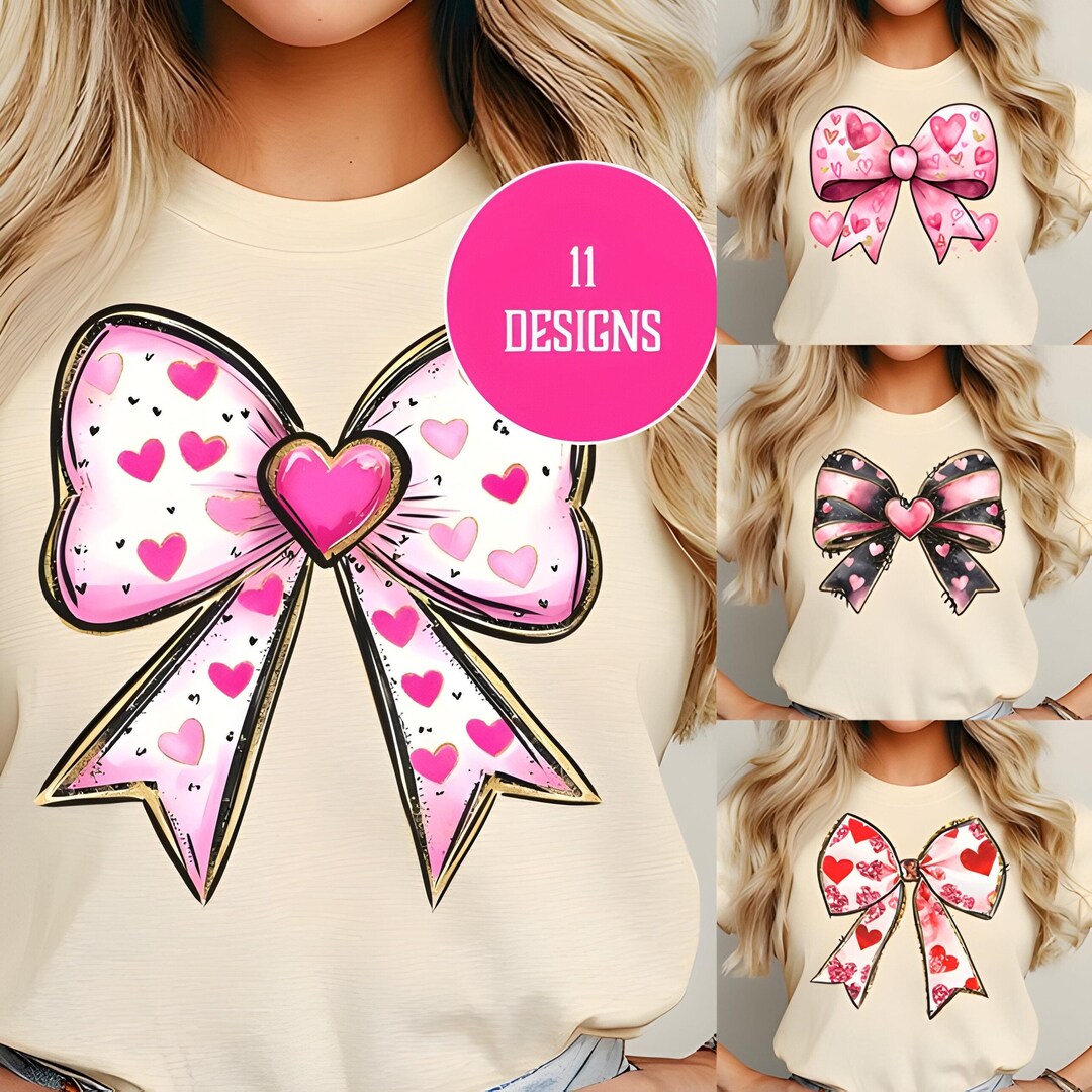 Coquette Valentine Watercolor Bow PNG Bundle, Heart Valentine Clipart ...
