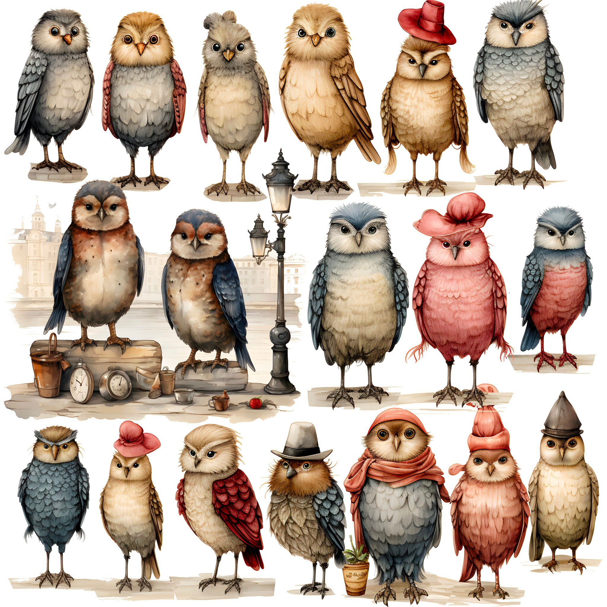 Retro Watercolor Owl Clipart: Vintage Style Feathered Friends ...