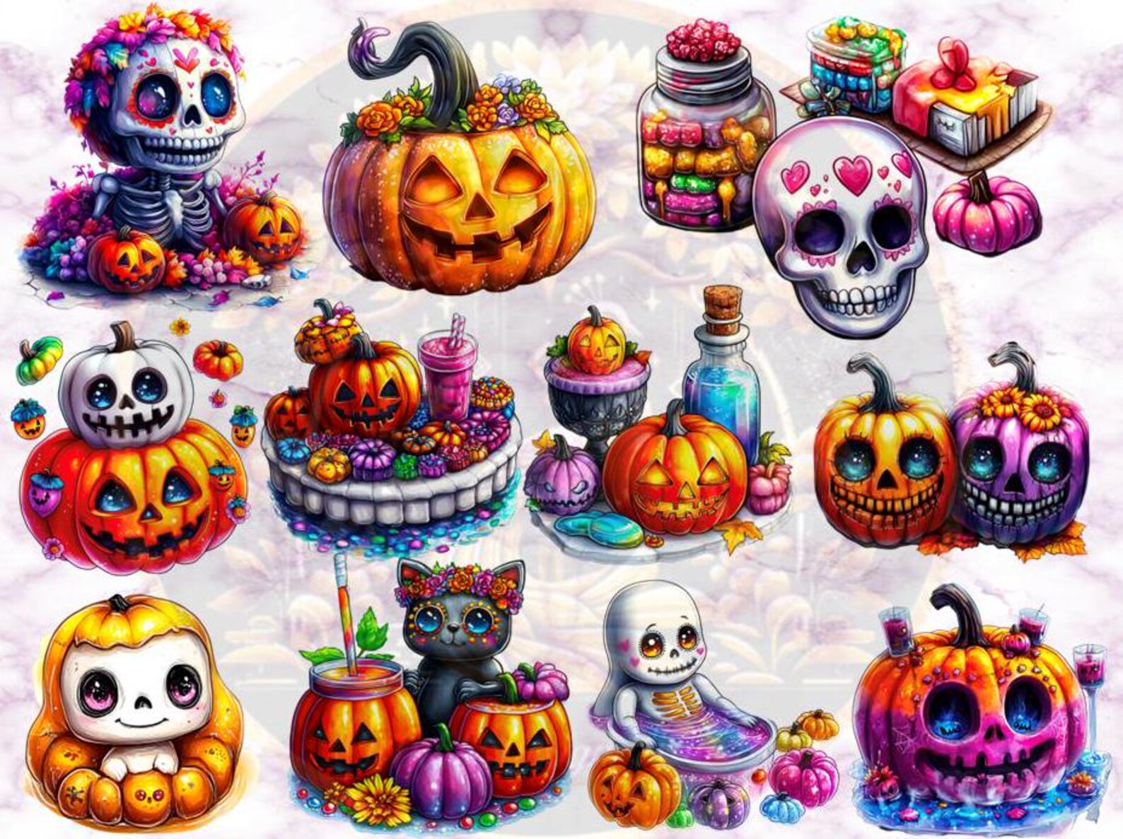 Colorful Halloween Clipart Set, Kawaii Spooky Graphics, Digital ...