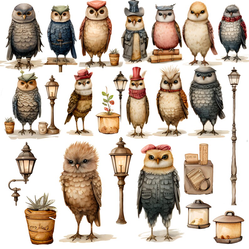 Retro Watercolor Owl Clipart: Vintage Style Feathered Friends ...