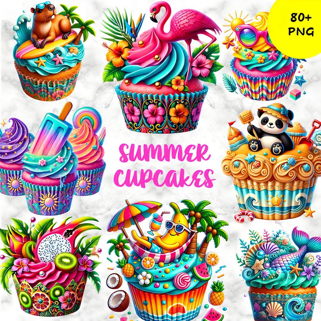 Summer Cupcake Clipart Bundle: 82 Tropical Beach Graphics (commercial ...