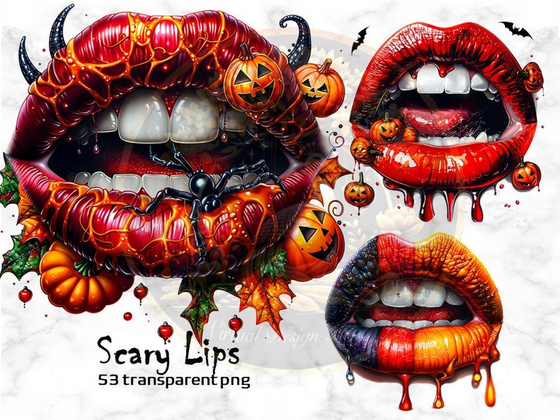 Halloween Lips Clipart: Spooky Spider, Bats & Pumpkin Designs (PNG ...