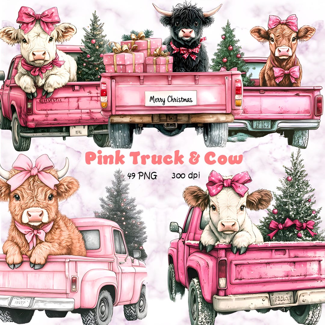 Watercolor Cow Christmas PNG: Pink Truck Farm Clipart (digital Download ...