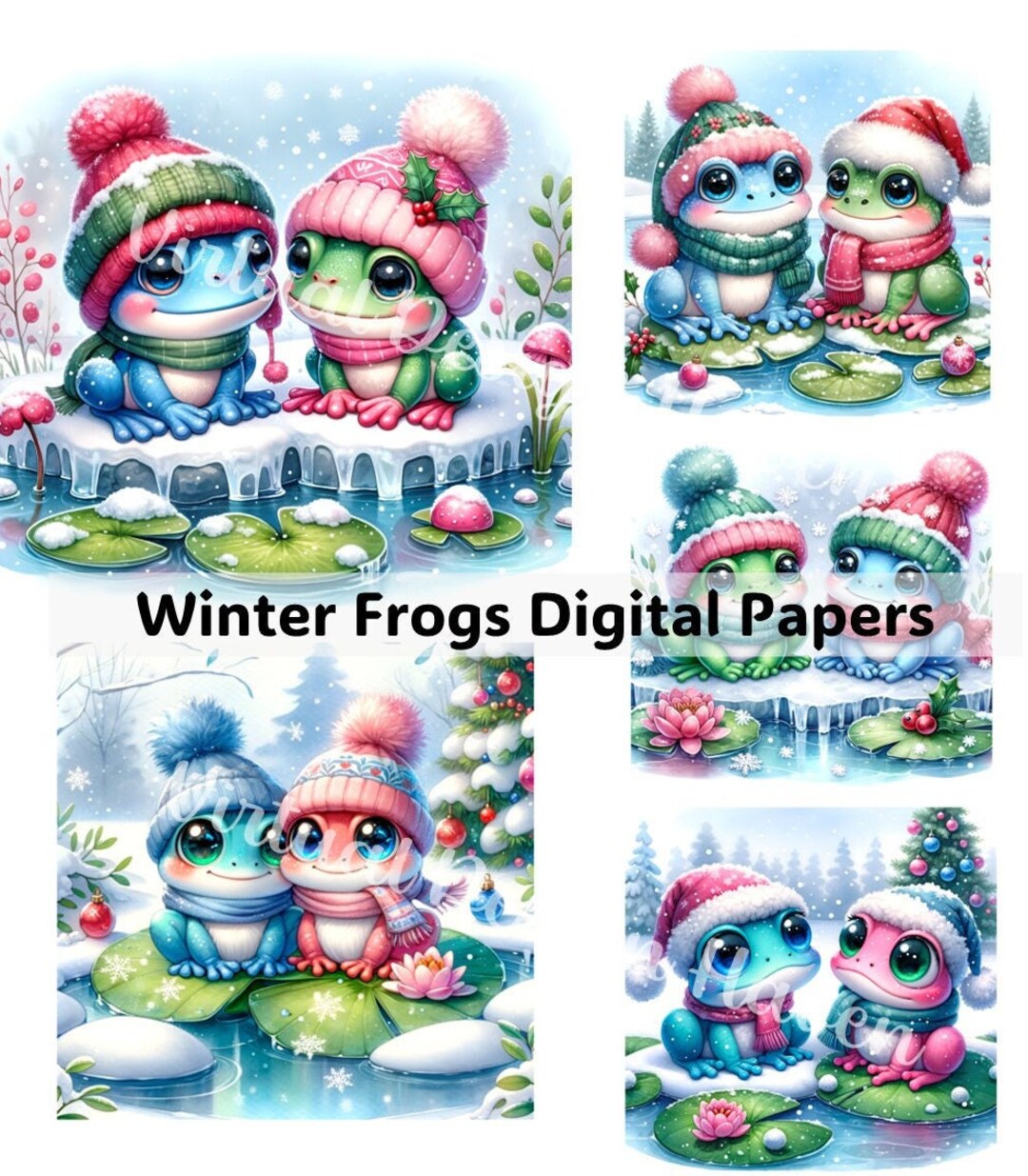 Cute Winter Frogs,christmas Frogs Digital Papers, Cute Watercolor ...