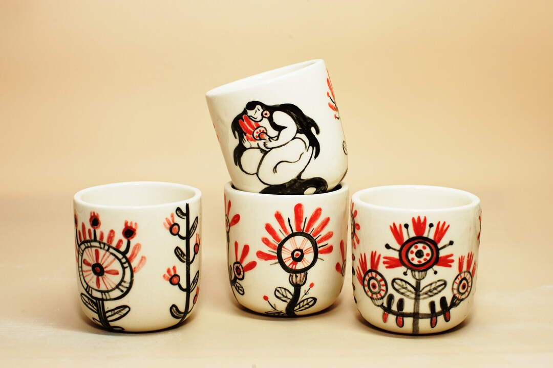 Set of 4 Hand-painted Ceramic Cups, Coffee Mugs, Espresso Cup, Unique ...