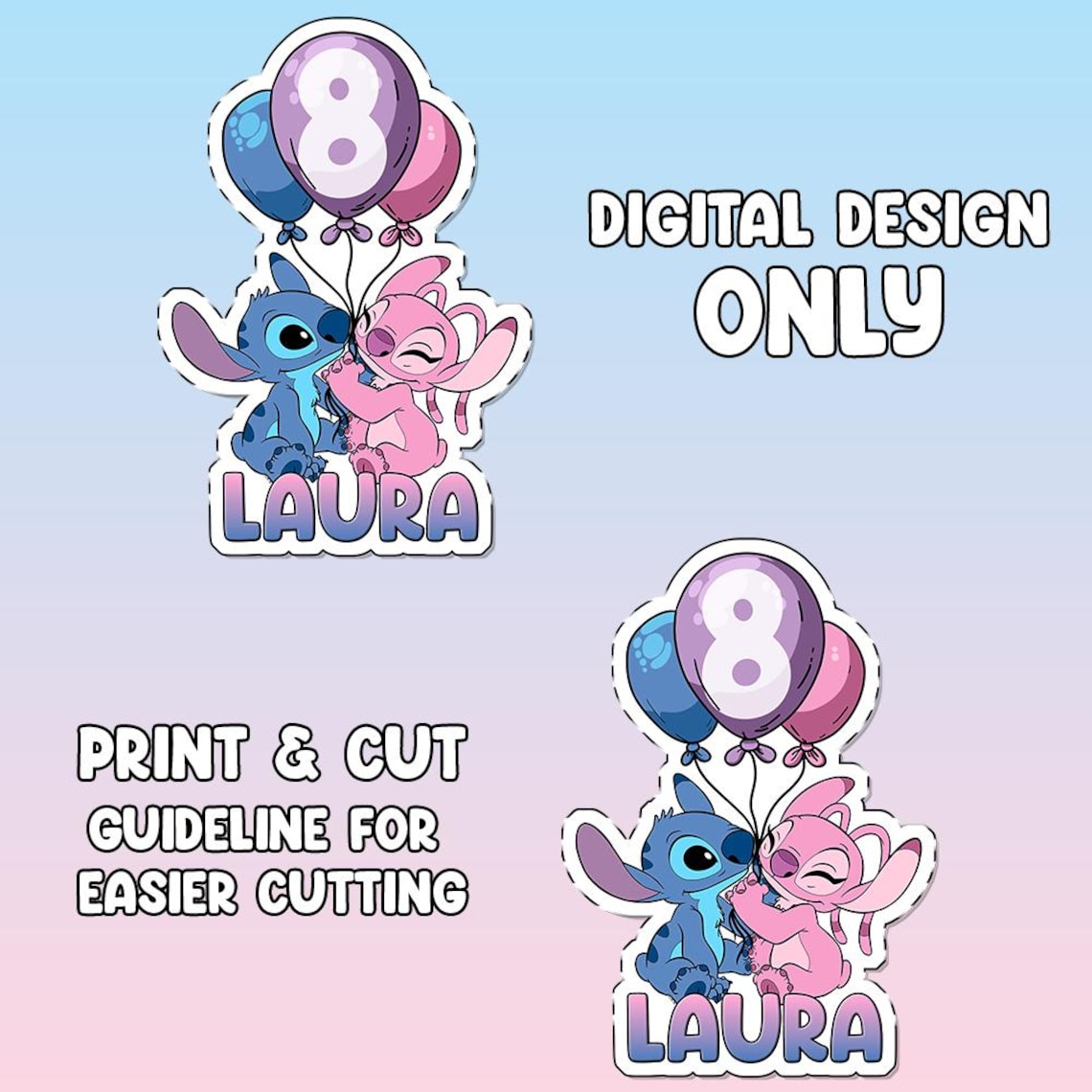 PRINTABLE | Personalised Stitch & Angel Birthday Cake Topper | DIY - Etsy