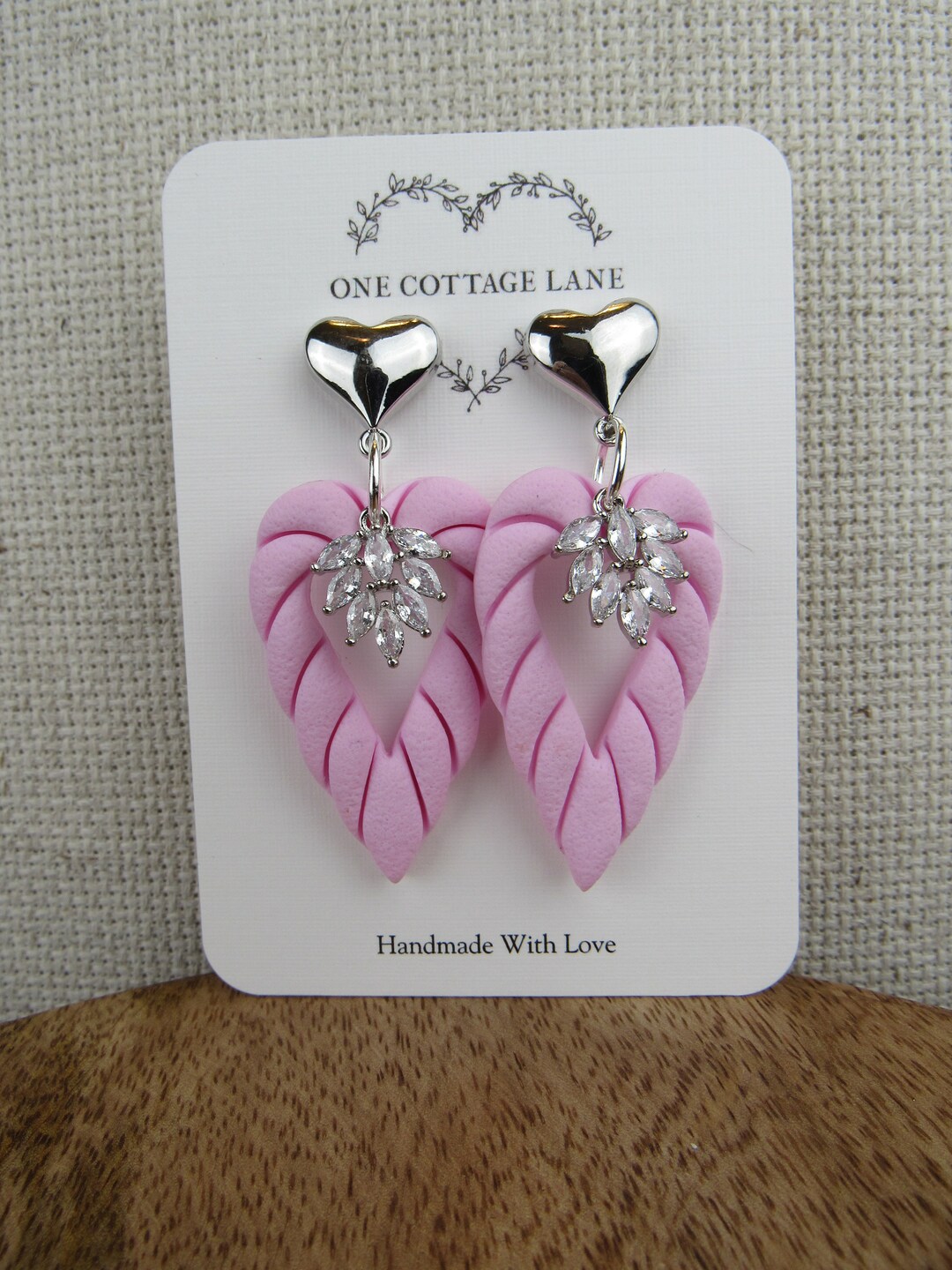 Handmade, Polymer Clay, Pink, Dangle Heart Earrings, With Silver Tone ...