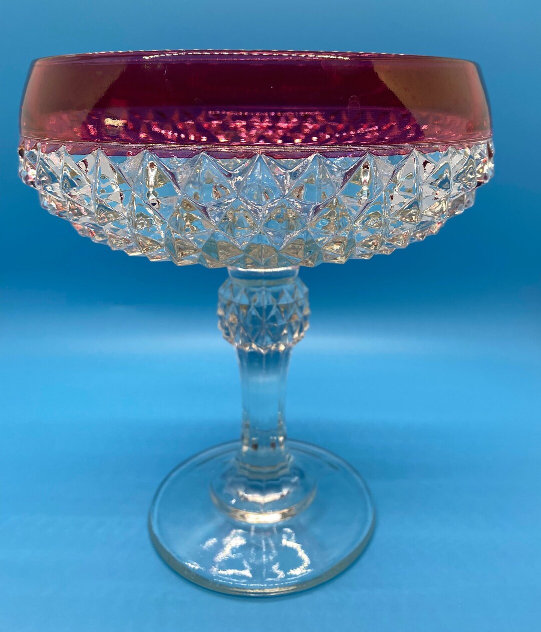 Vintage MCM Indiana Glass Ruby Red Flash Diamond Point Compote Dish NO ...