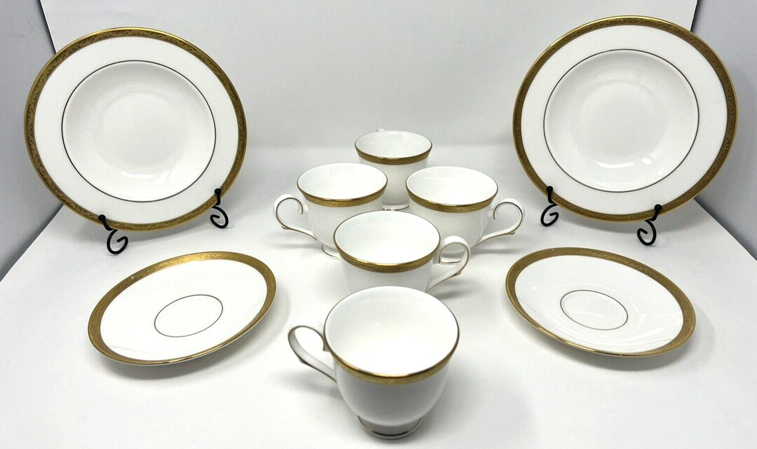Set of 9 LENOX Fine China LANDMARK GOLD 2 Rim Soup Bowls - 5 Footed ...