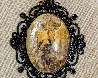 Alphonse Mucha Necklace Pendant Art Nouveau Blue Gold Boho Bohemian ...