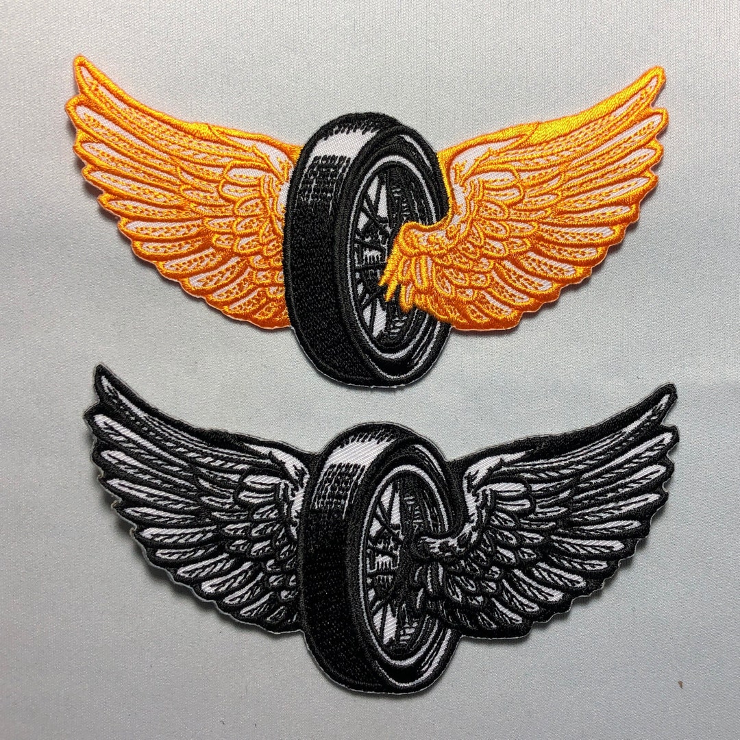 FLYING WHEEL WINGS Iron-on Patch - Biker Motorcycle Leather Vest - Tire ...