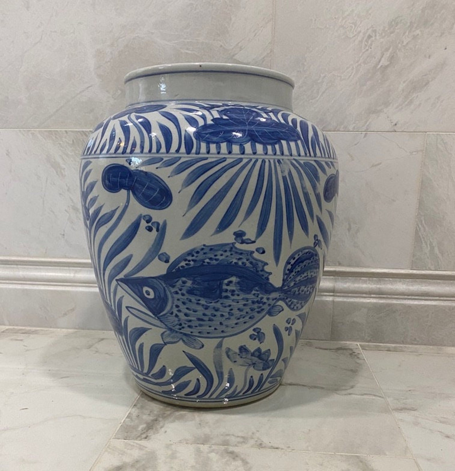 Blue and White Chinese Fish Vase - Etsy