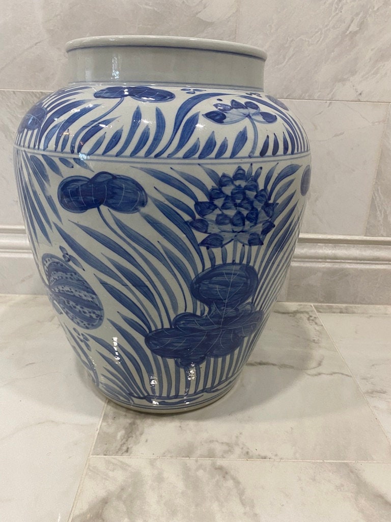 Blue and White Chinese Fish Vase - Etsy